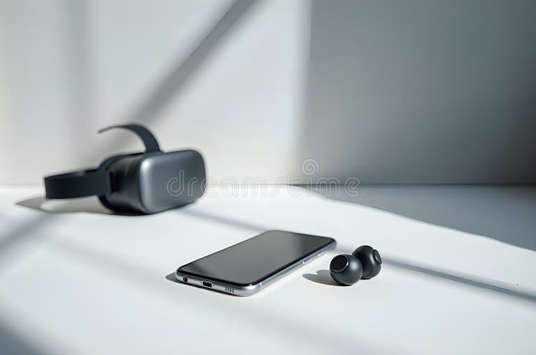 VR Headset, Smartphone, and Wireless Earbuds Stock Image - Image of ...