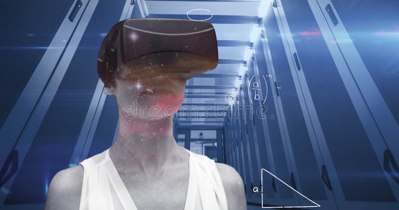 VR Headset Woman in Server Room Embodies Global Digital Network Concept ...