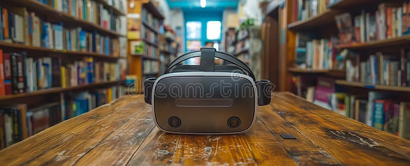 VR Headset on Wooden Table in the Library Stock Image - Image of online ...