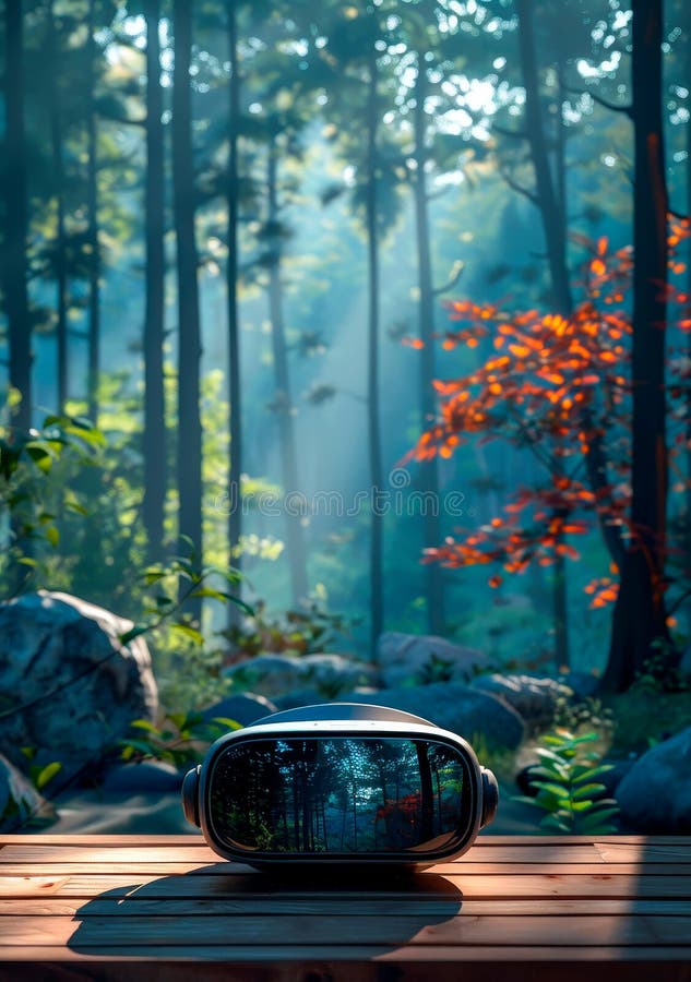 VR Headset on a Wooden Table, with a Serene Forest Environment ...