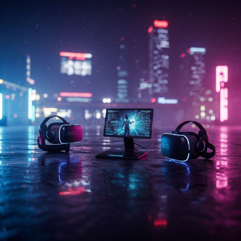 VR Headsets and a Computer Monitor with a Futuristic Digital Interface ...