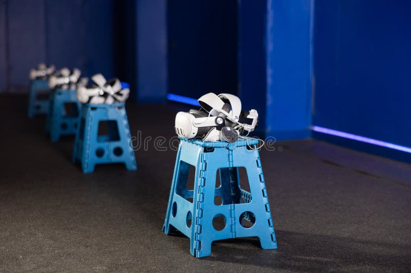 VR Headsets and Controllers in Virtual Reality Gaming Room Stock Image ...