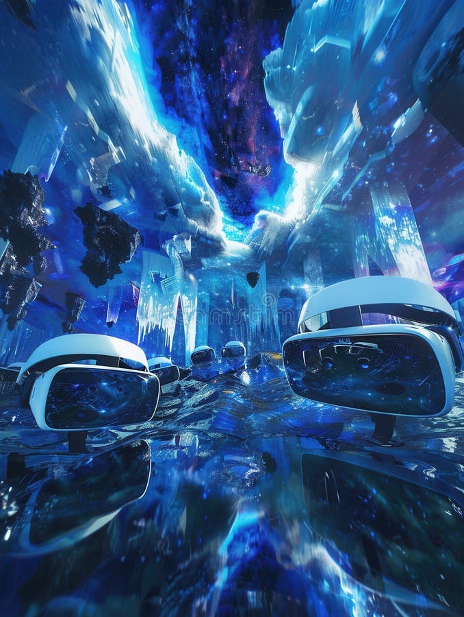 VR Headsets Float in a Surreal Digital Environment, Showcasing the ...