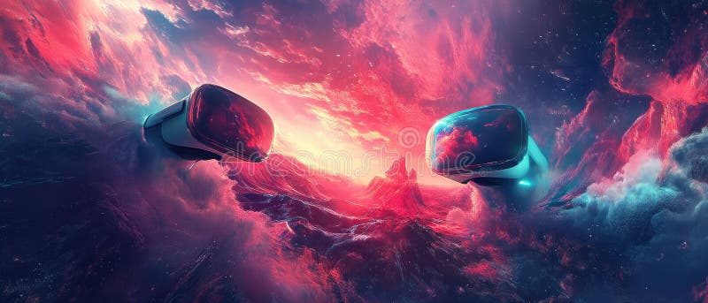 VR Headsets Floating Above Surreal Vibrant Landscape Stock Illustration ...