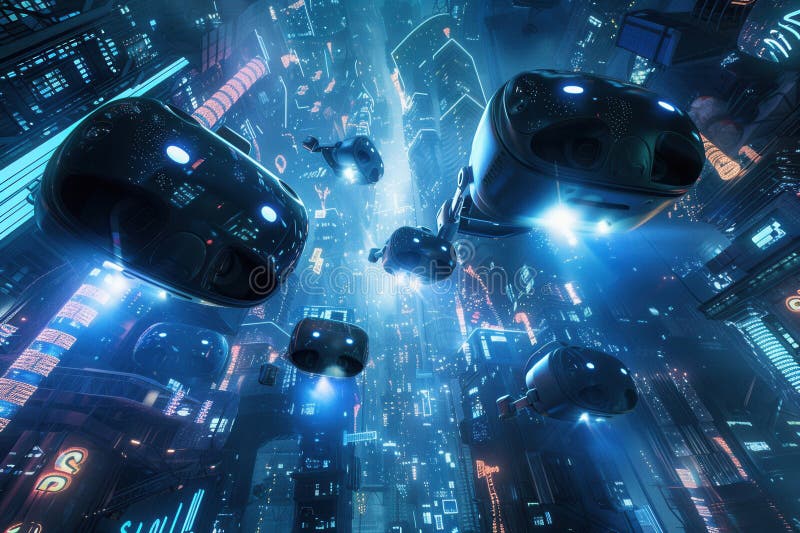 VR Headsets Soaring through a Neon-lit Digital City, Showcasing the ... VR Headsets Soaring through a Neon-lit Digital City, Showcasing the ...