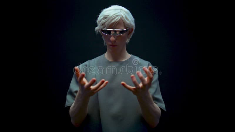 Vr Man Gesturing Augmented Simulation Closeup. Metaverse Professional ...