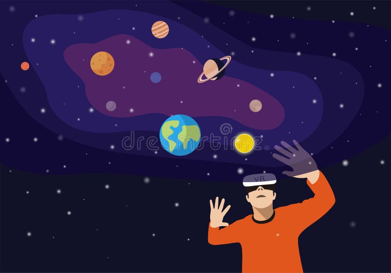 Man Wearing VR Glasses and Touching the Screen. Solar System with ...