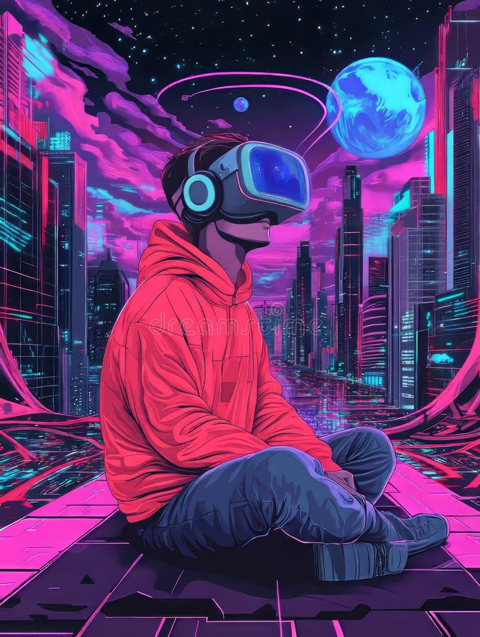 VR Metaverse: Man with VR Headset Immersed in Futuristic City Stock ...