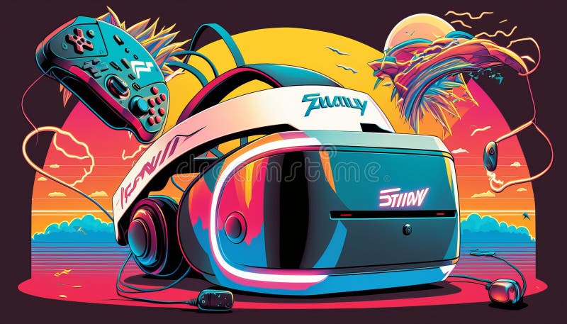 VR with Palm 90s. Modern Collage in Retro Colors for Party Design ...