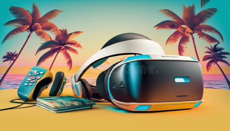 VR with Palm 90s. Modern Collage in Retro Colors for Party Design ...