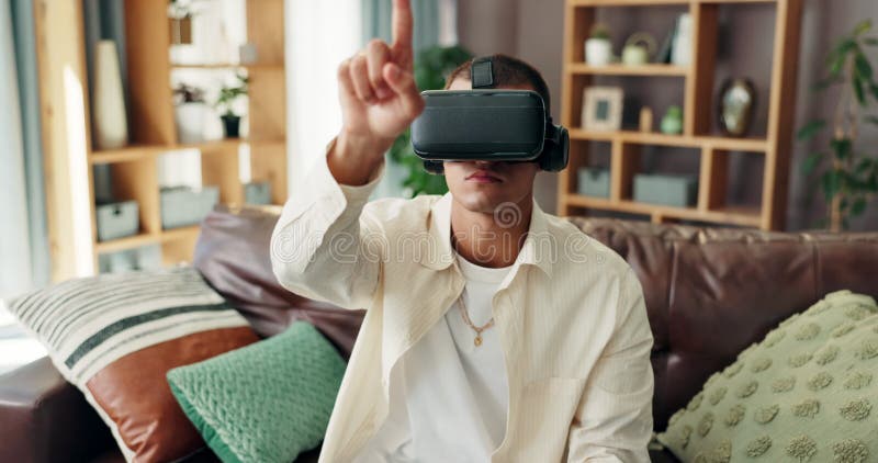 Vr, Relax and Man in Home with Technology for Metaverse, Scroll App or ...