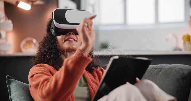 Vr, Tablet and Creative Woman in Home with Technology and Happy with ...