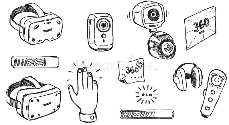 VR 360° Tech Doodle Icons stock illustration. Illustration of gadget ...