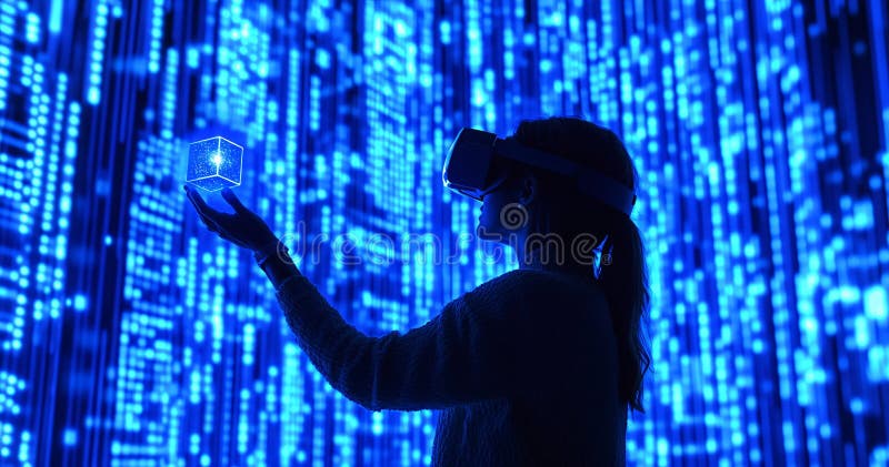 VR User Interacting with Hologram Cube Stock Illustration ...
