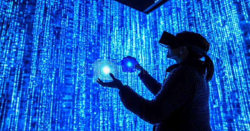 VR User Interacting with Hologram Cube in Digital Space Stock ...