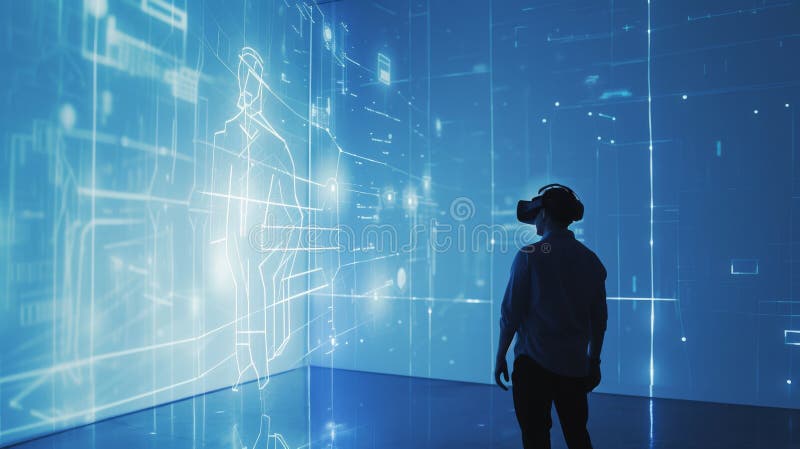 VR User in Serene Blue Digital Environment Stock Image - Image of ...