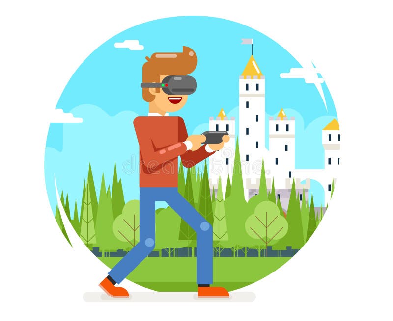 VR Virtual Reality Glasses Young Man Playing Game Cartoon Character ...