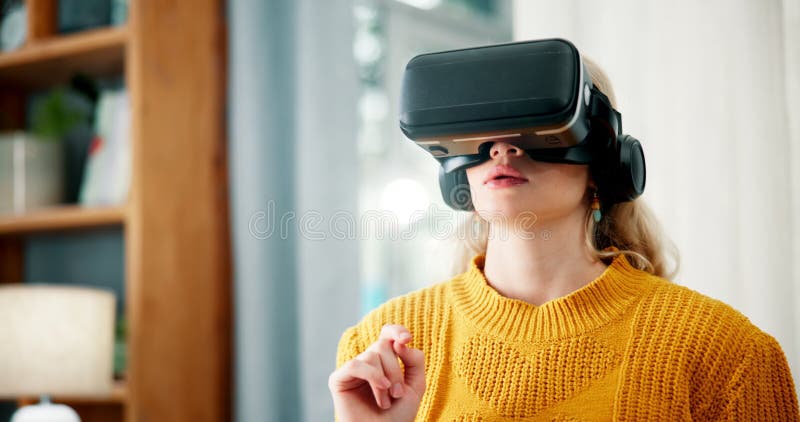 VR, Woman or Glasses with Interaction in Home for User Experience ...