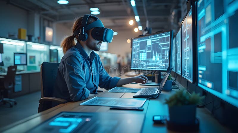 A Person Wearing a Virtual Reality Headset Works on a Laptop with Multiple Monitors Displaying ...
