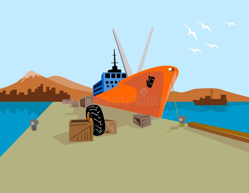 Vrachtschip in werf vector illustratie. Illustration of doorgang - 4386218