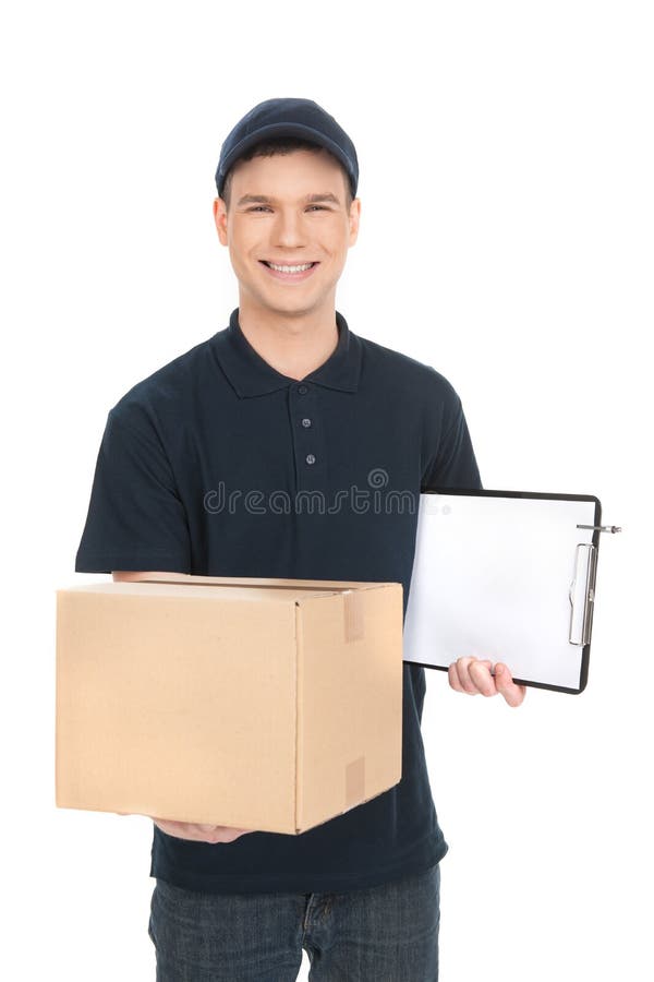 Bezorger met karton. stock afbeelding. Image of bedrijf - 32586001