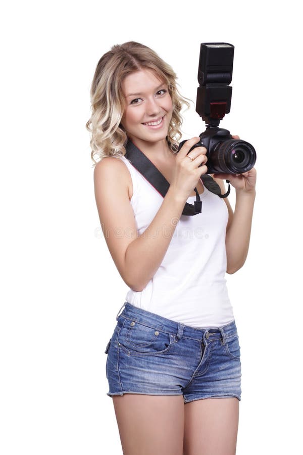 Uitstekend Stijlportret Van Mooi Meisje Met Fotocamera Stock Afbeelding ...