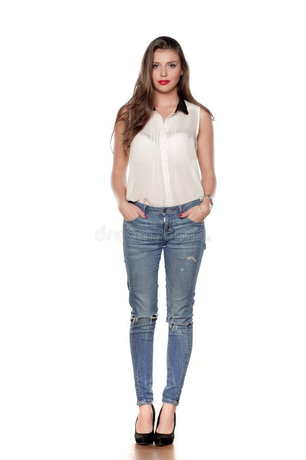 Jong mager meisje in jeans stock afbeelding. Image of meisje - 85016267