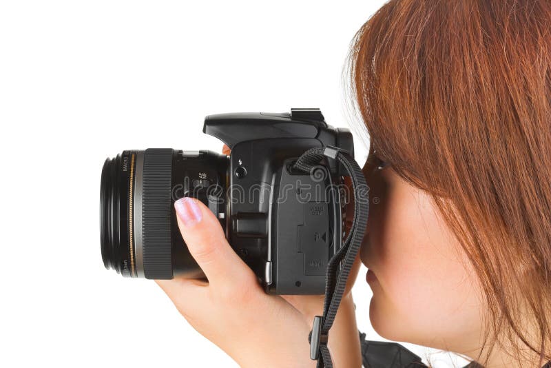 Vrouw Met Camera En Oog in Lens Stock Afbeelding - Image of macro ...