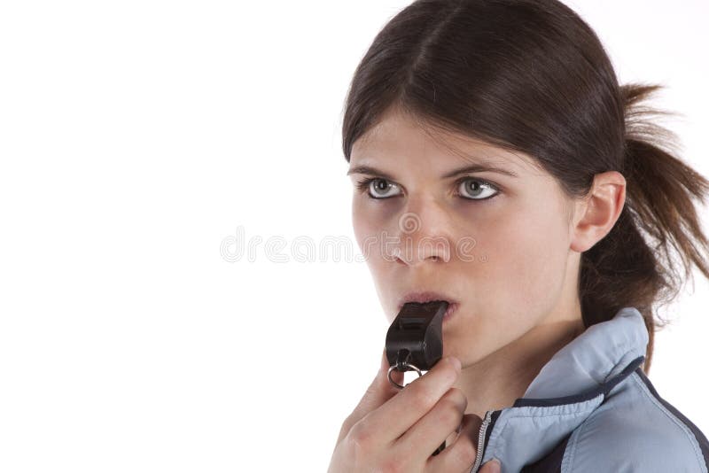 Vrouw met een fluitje stock foto. Image of wijfje, scheidsrechter ...