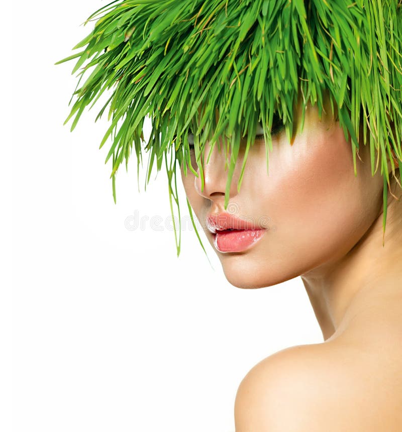 Vrouw Met Het Groene Haar Van Het Gras Stock Afbeelding - Image of ...