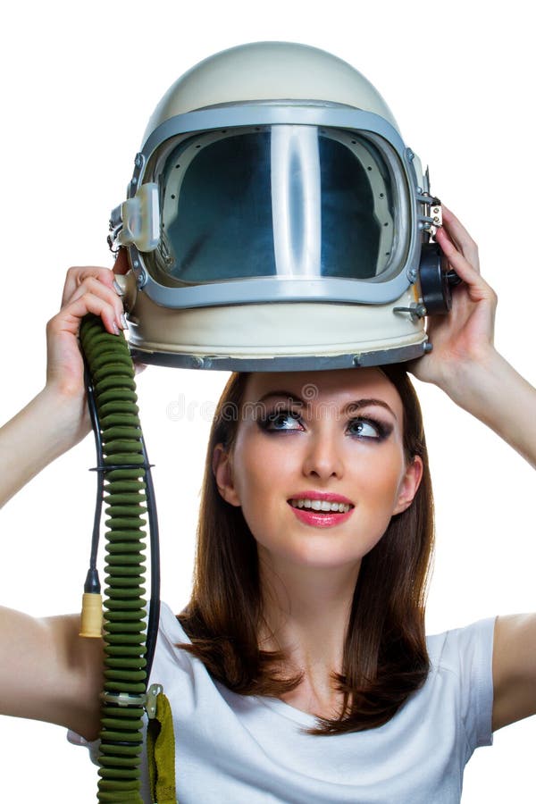 Vrouw Met Uitstekende Astronautenhelm Stock Afbeelding - Image of ...