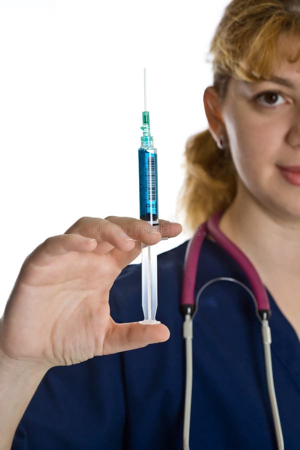 Vrouwelijke Arts Met Stethoscoop En Spuit Stock Afbeelding - Image of ...