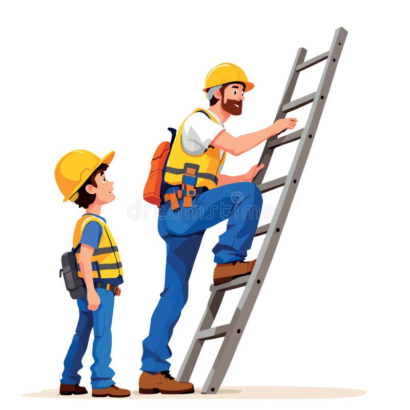 Vsai Construction Worker Climbing Ladder while His Son is Watching Him ...