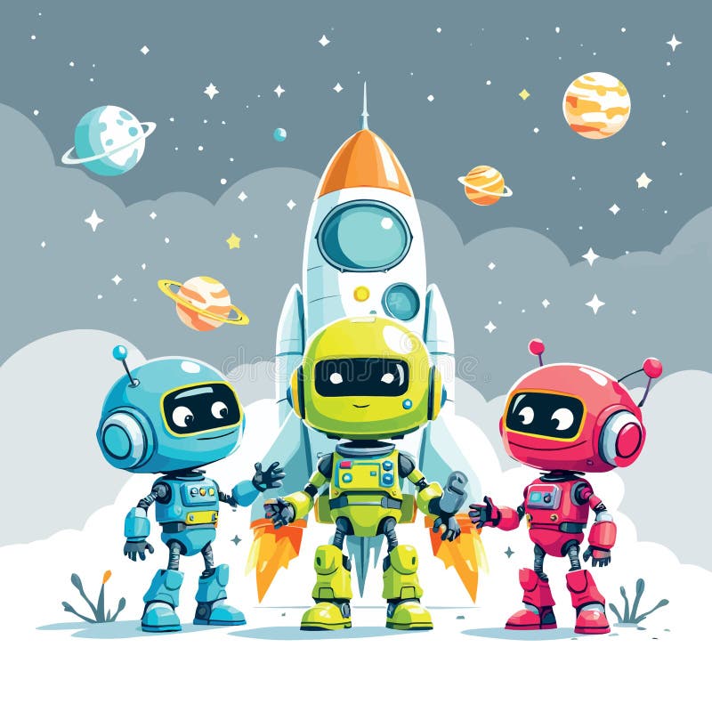 Vsai Robots Preparing for Space Mission with Rocket and Planets Stock Vector - Illustration of ...