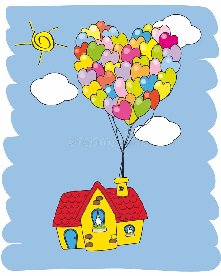 Casa volando con globos ilustración del vector. Ilustración de colores ...