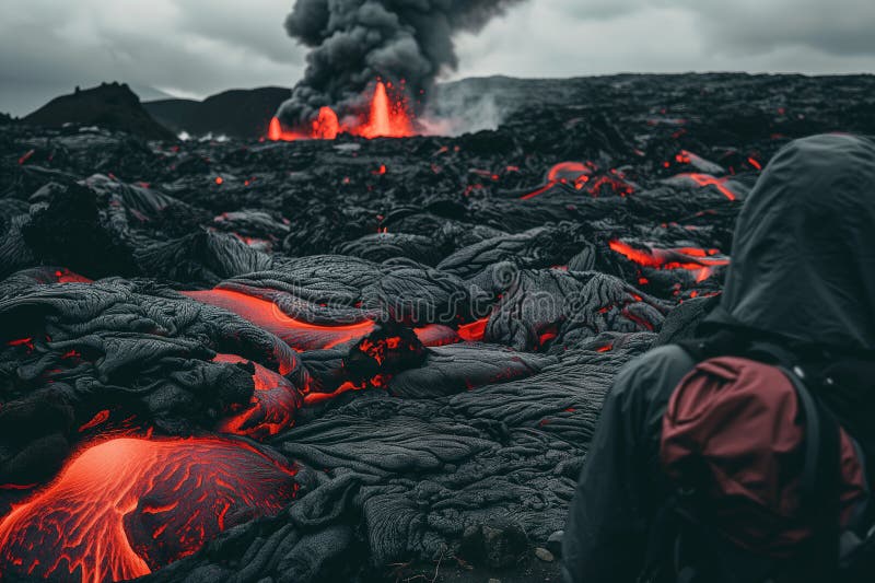 A Vulcanologist Scientist with His Back Turned Observes the Lava Flow ...
