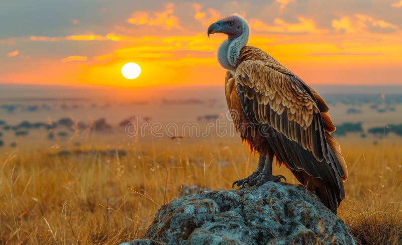 Vulture Sits on Rock in the Middle of the Savannah at Sunset. Stock ...