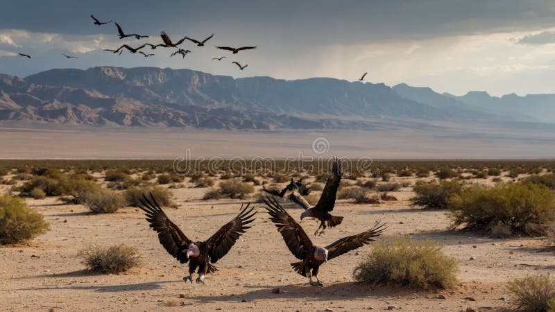 Vultures in Flight Over a Desert Landscape with Mountains in the ...