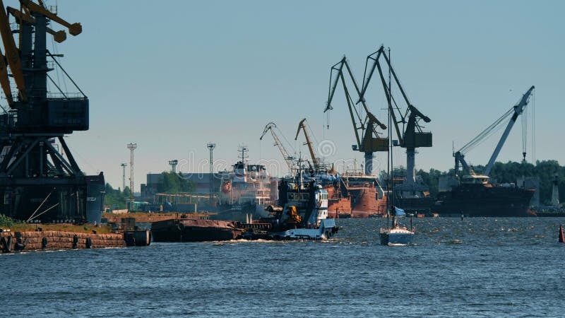 VYBORG, RUSSIA - JULY 10, 2021. Many Cranes and Ships in the Port of ...