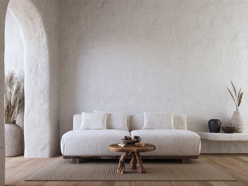 Wabi Sabi Interior Design on Arch Wall Background. Wall Mockup Concept ...