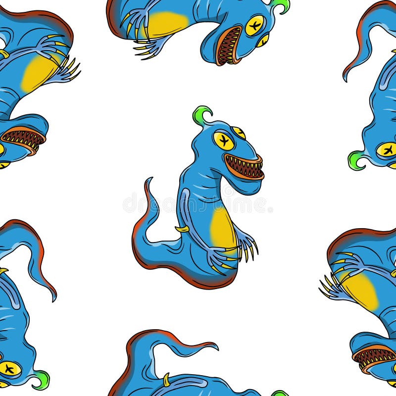 Wacky, Crazy Space Alien or Monster Cartoon. Seemless Pattern. Computer ...