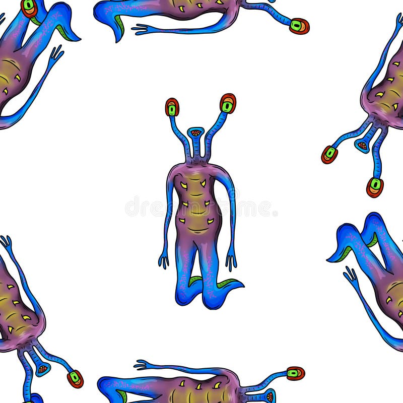 Wacky, Crazy Space Alien or Monster Cartoon. Seemless Pattern. Computer ...
