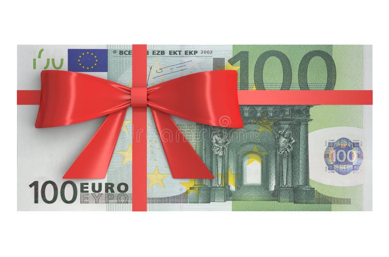 Wad of 100 Euro Banknotes with Red Bow, Gift Concept. 3D Rendering ...