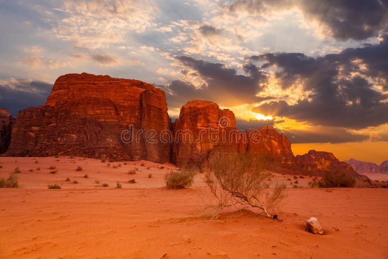 Sunset In Jordan Desert Wadi Rum. Stock Image - Image of sand, wadi ...