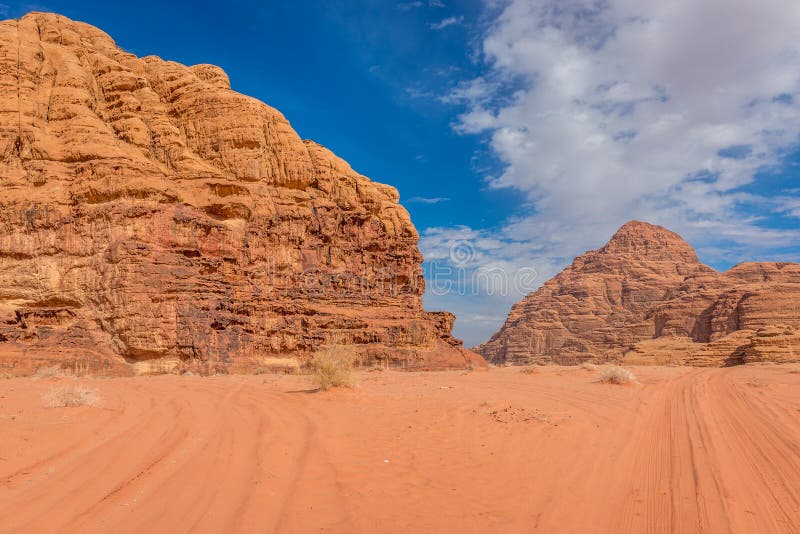 Wadi Rum valley stock image. Image of mountains, moon - 143350213