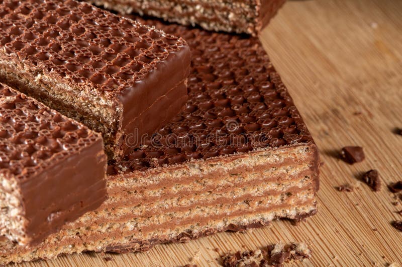 Wafer Chocolate Cake Cut into Pieces on Kitchen Table Extreme Close Up ...