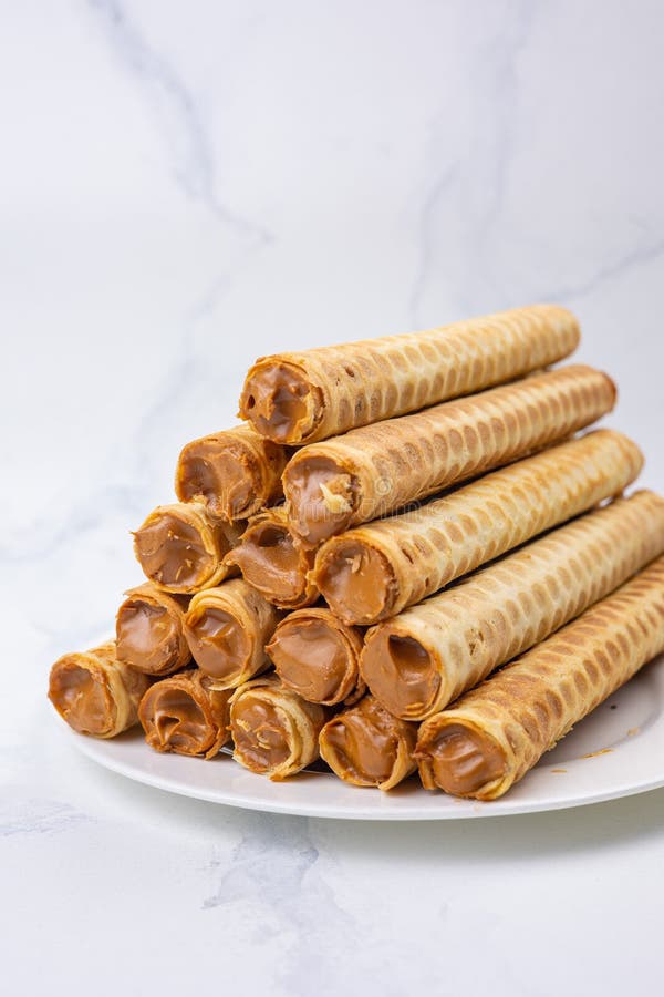 Wafer Rolls with Chocolate and Caramel Stock Image - Image of baking ...