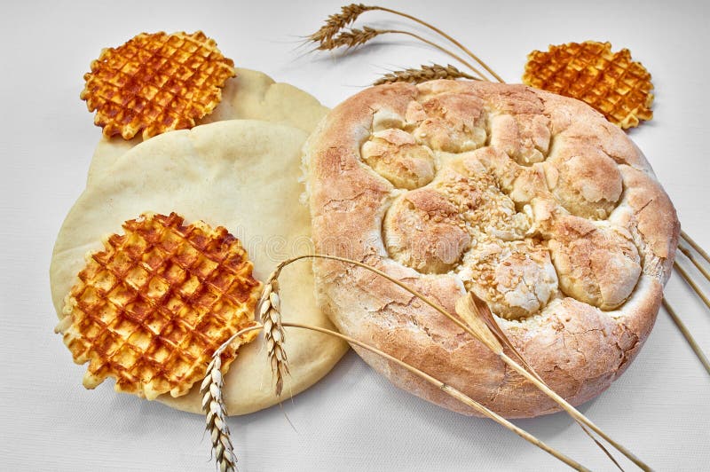 Wafers, Pita Bread and Loaf on White Background Stock Image - Image of ...