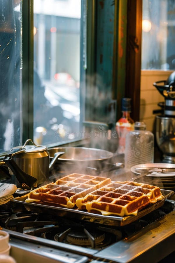 A Waffle is Being Cooked on a Stove in a Kitchen Stock Image - Image of ...