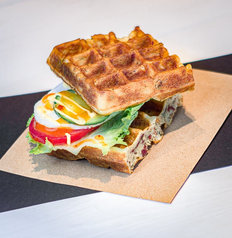 Waffle Burger on Blue Boards Stock Photo - Image of grill, craft: 87446846